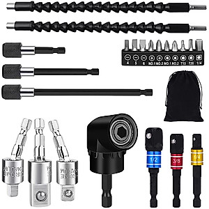 Flexible Drill Bit Extension Set, 105° Right Angle Drill Attachment, 1/4 3/8 1/2" Hex Shank Impact Driver Socket Adapter Rotatable Socket, Bendable Drill Bit Extension and Screwdriver Bit Kit