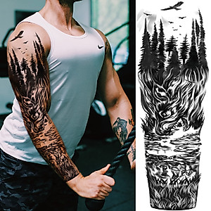 Lion Wolf Fake Tattoos Sleeve Stickers, Full Arm Dragon Animal Tribal Temporary Tattoo Sleeves For Men Women Adults, Long Lasting Large Black Eagle Leopard Temp Tattoo Leg Body Art Makeup, 8-Sheet