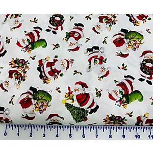 Cotton Fabric Tossed Santas and Christmas Trees 4130WHITE Christmas Fabric by The Yard