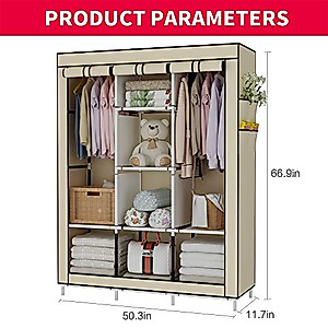 UDEAR Portable Wardrobe Closet Clothes Organizer No-Woven Fabric Cover with 6 Storage Shelves, 2 Hanging Sections and 4 Side Pockets，Beige