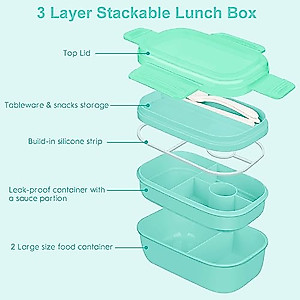 LEITAO Bento Box Adult Lunch Box, 3 Layer Lunch Containers for Adults/Kids/Toddler, 8 Compartments Bento Lunch Box with Utensil Set, BPA Free, Microwave & Dishwasher Safe, Lead-Proof Lunchbox/Teal