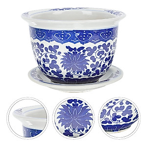 GANAZONO Ceramic Planter Blue and White Planter Flower Pots with Tray Porcelain Bonsai Pot Plant Container Planter for Home Office
