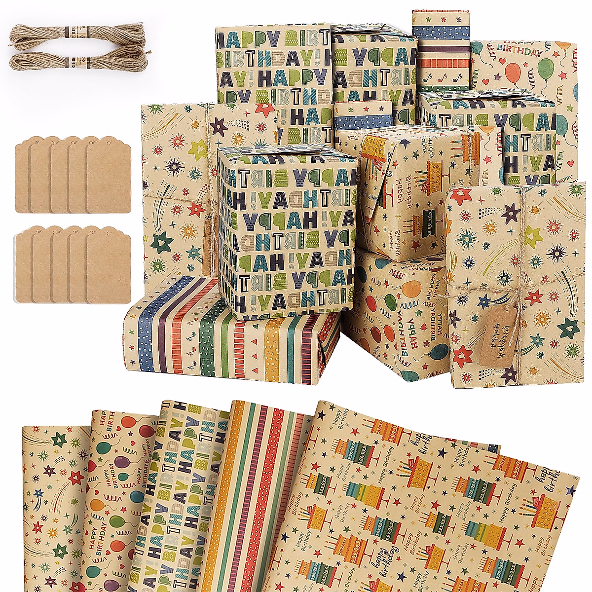 Prasacco Wrapping Paper Birthday Wrapping Paper Sheets-Recyclable Birthday Gift Wrap Set with Tag String-Eco Gift Wrapping Paper