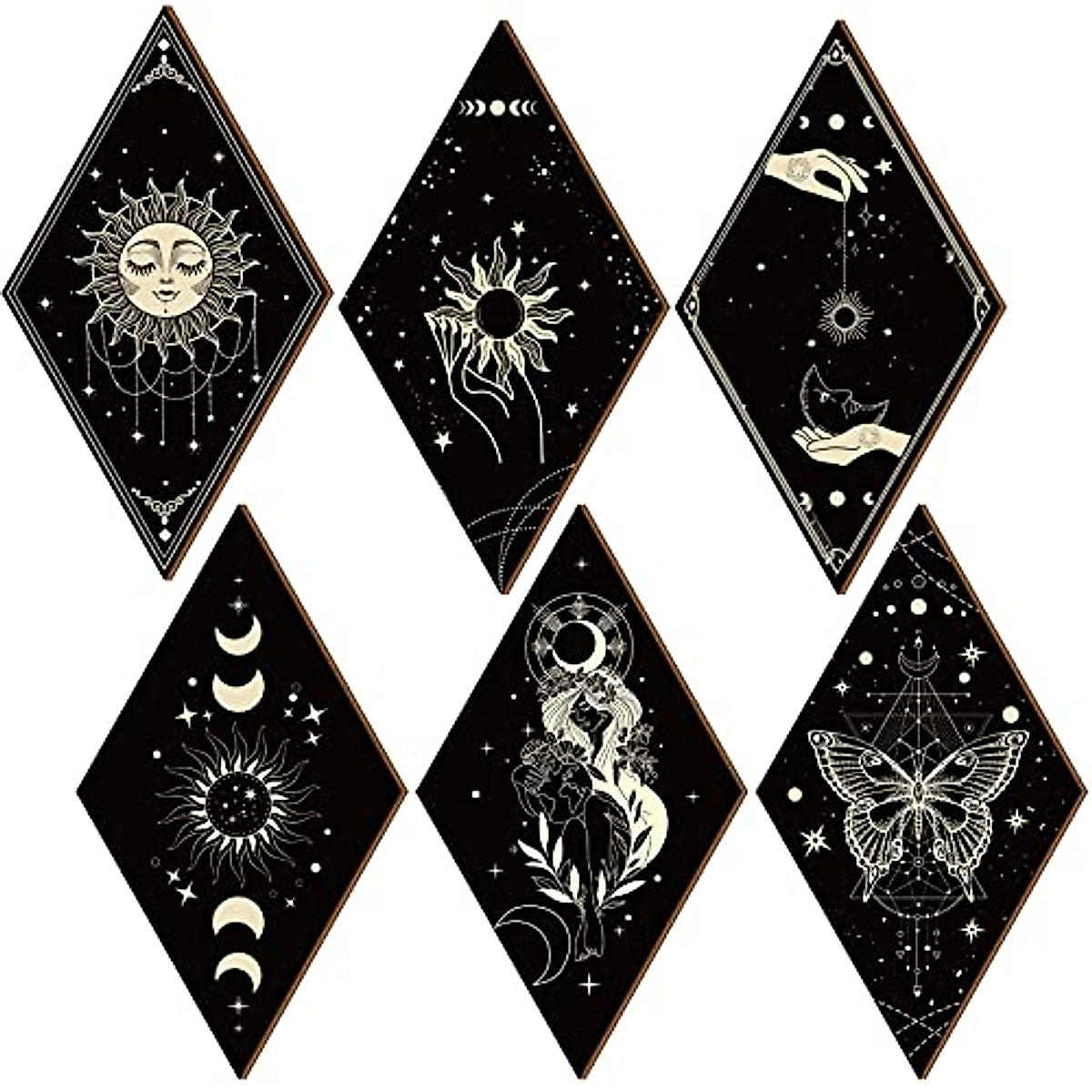 6 Pieces Hallowen Wall Decor Gothic Skeleton Boho Wall Art Moon Stars Sun Witchy Phases Home Decor Wooden Minimalist Wall Pediments for Halloween Gallery Living Bedroom Room (Boho)