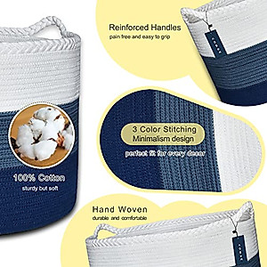 COMSE Extra Large Blanket Basket, Storage Basket, Laundry Basket, 21.7”x 13.8”, Laundry Hamper, Cotton Rope Basket, Blanket Basket Living Room, Toy Basket (White & Cadet Blue & Navy Blue)