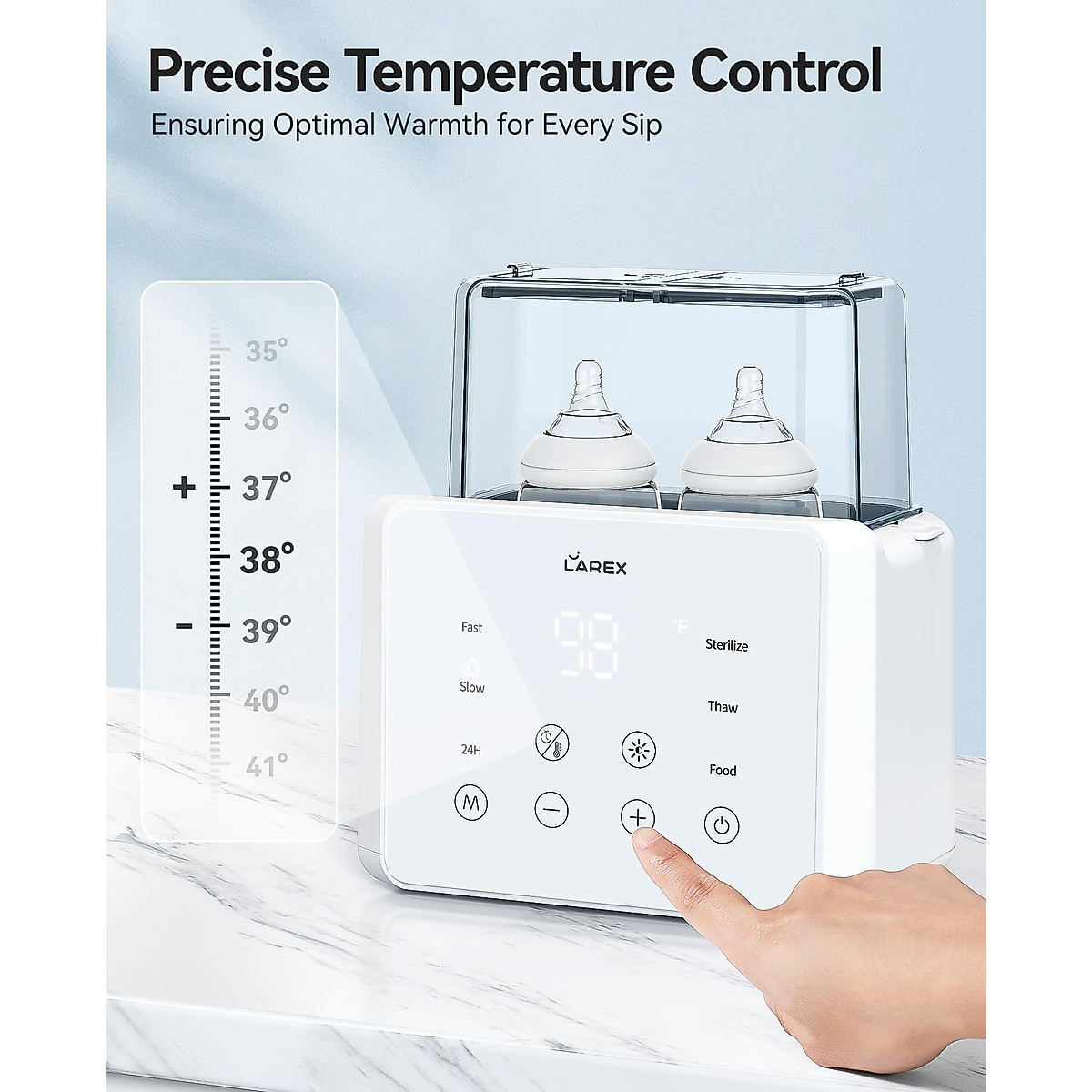 Larex Double Bottle Warmer, 11-in-1 Fast Baby Bottle Warmer for Breastmilk and Formula, with Timer, Fits 2 Bottles, Accurate Temp Control, Milk Warmer with Thaw, Steri-lizing, Keep Warm, Heat Food