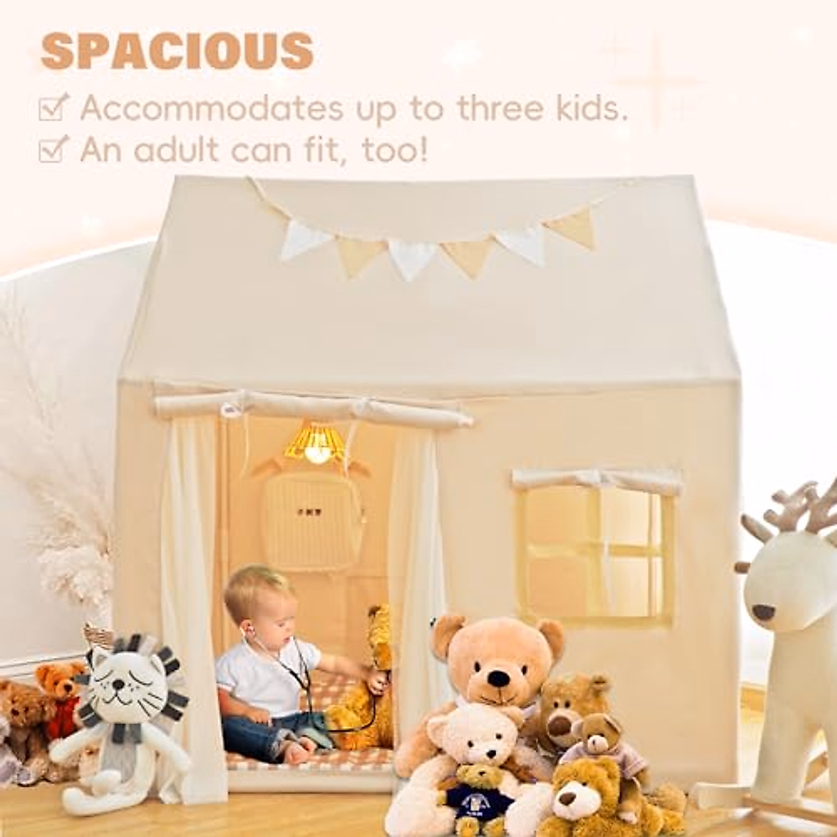 TreeBud Play Tent with Padded Mat, Pennant Banners, Star Lights - Kids Playhouse with Large Space for Indoor Outdoor, Large Play House Toys for Toddler, Boys and Girls, Side Door Roller Blind