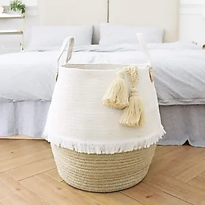 LA JOLIE MUSE Woven Blanket Basket Living Room, Decorative Nursery Laundry Hamper for Clothing Plant Toys Storage, Large Cotton Rope Basket with Jute, 16”15”12”,Off White & Jute