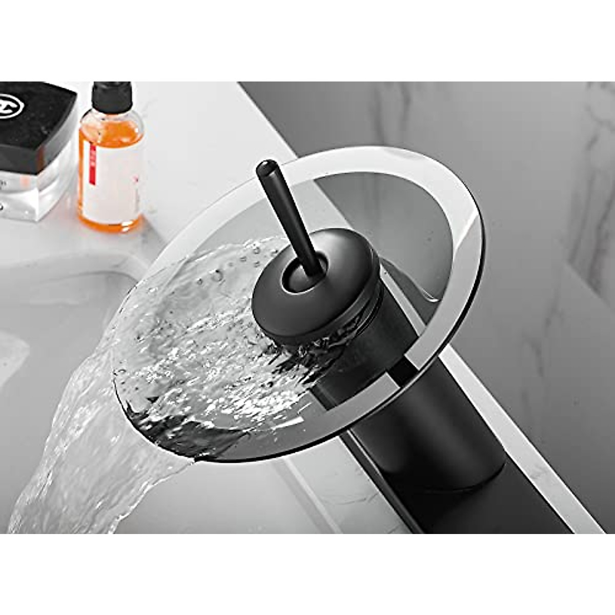 Bathroom Faucet Black Glass Waterfall Spout Single Handle 360° Swivel Solid Brass Bath Basin Lavatory Sink Vanity Faucet One or 3 Hole Commercial with Deck Plate