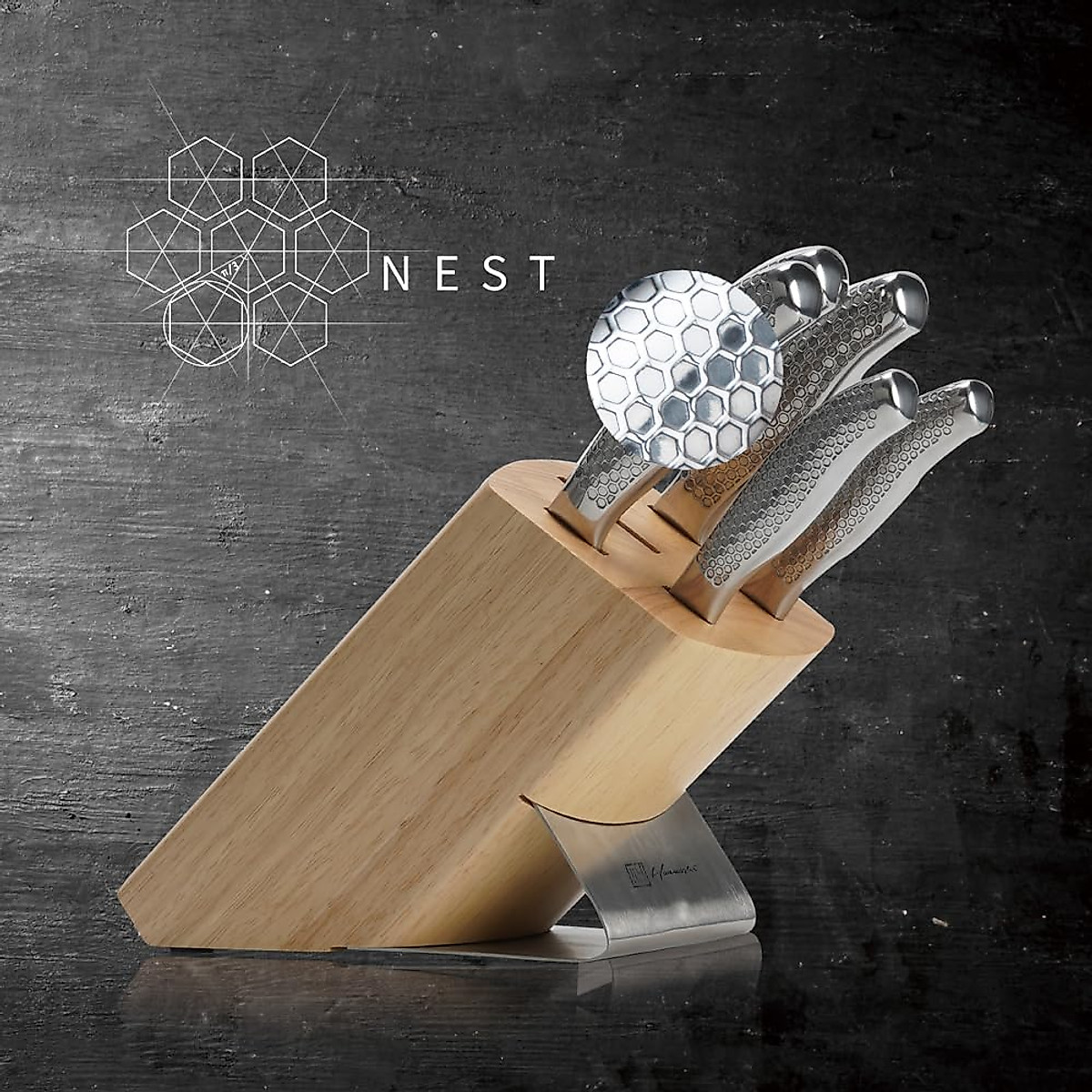 Hanmaster Kitchen Knife Set, One-piece Stainless Steel Knife Sets for Kitchen with Block, 6 Pieces Solid Natural Wood Knife Block Set, Box Packed, Silver.