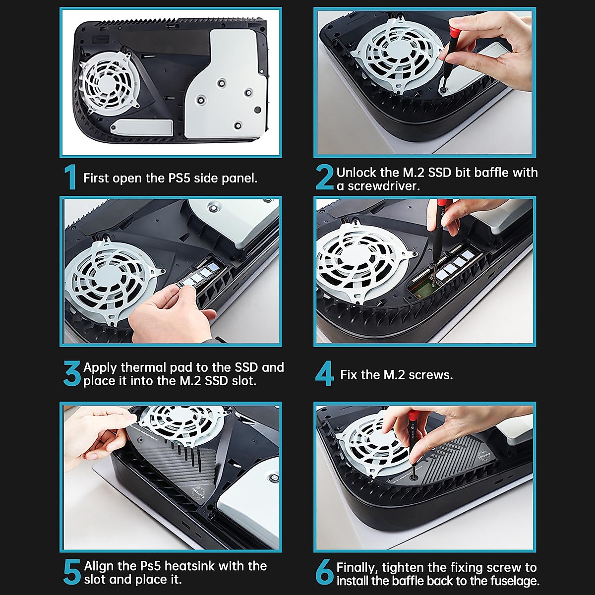 ELUTENG Heatsink SSD PS5 with 4 Thermal Pads PS5 SSD Heatsink Cover NVME PS5 2 in 1 Heatsink for PS5 Aluminum M.2 2280 SSD Cooling Mounting Post Kit Heat Sink for PS5 Computer Gaming PC Use(Black