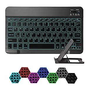 Coastacloud Ultra Slim Backlit Wireless Bluetooth Keyboard, Universal Portable 7-Colors Backlit Rechargeable Keyboard with Stand for iPhone Samsung iOS Android Windows Tablets Phones