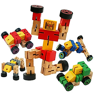 TOWO Wooden Transforming Vehicle Robot - Transfigures Toys for Travel Toys - Construction Toys Building Set - Wooden Transforming Toys 3 Year Old Boys Girls Holiday -Stocking Fillers Stuffers -Red