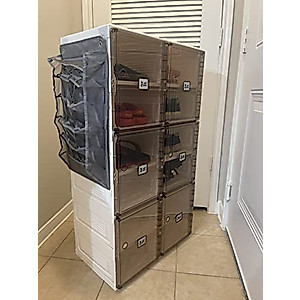 Foldable Shoe Rack Cabinet Organizer with Pocket and Storage, Portable Shoe Rack for Entry Way, Shoe Boxes, Fast Easy Assemble Shoe Cabinet, One Piece Sturdy Plastic Shelf, Clear Brown Doors, 6 Tiers