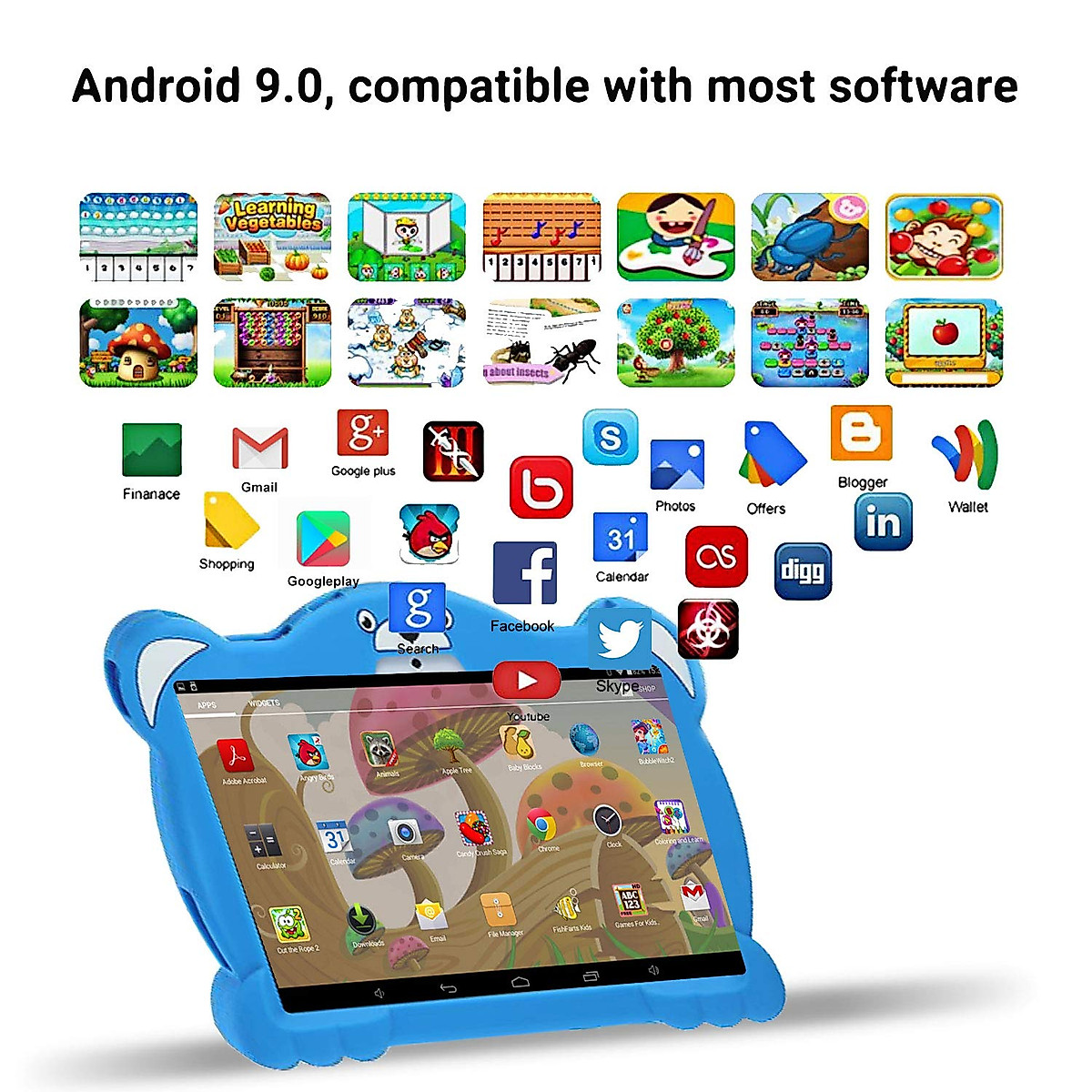 Tablets 10 Inch Android 9.0 Pie Tablet 3GB RAM+32GB ROM/128GB Dual SIM Dual 8MP Camera 8500mAh, 4G/ WiFi, Bluetooth, GPS Unlocked Tablet, IWaWa APP for Kids (Blue)