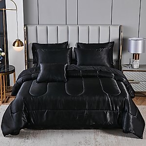 Black Silky Comforter Set Satin Queen Bed in a Bag 8 Pieces Luxury Hotel Silky Bedding with 1 Comforter, 1 Flat Sheet, 1 Fitted Sheet, 4 Pillowcases, 1 Cushion Cover (Queen, Black)
