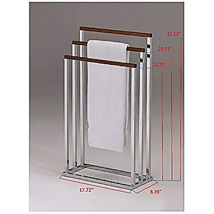 Pilaster Designs Preston Chrome Metal and Walnut Wood Transitional 3 Tier Freestanding Bathroom Towel Rack Organizer