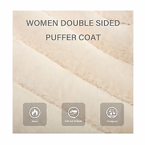 Bellivera Women Double Sided Faux Fur Jacket Reversible Winter with Fur Collar Hood Puffer Coat Worn on Both Sides 19225 White L