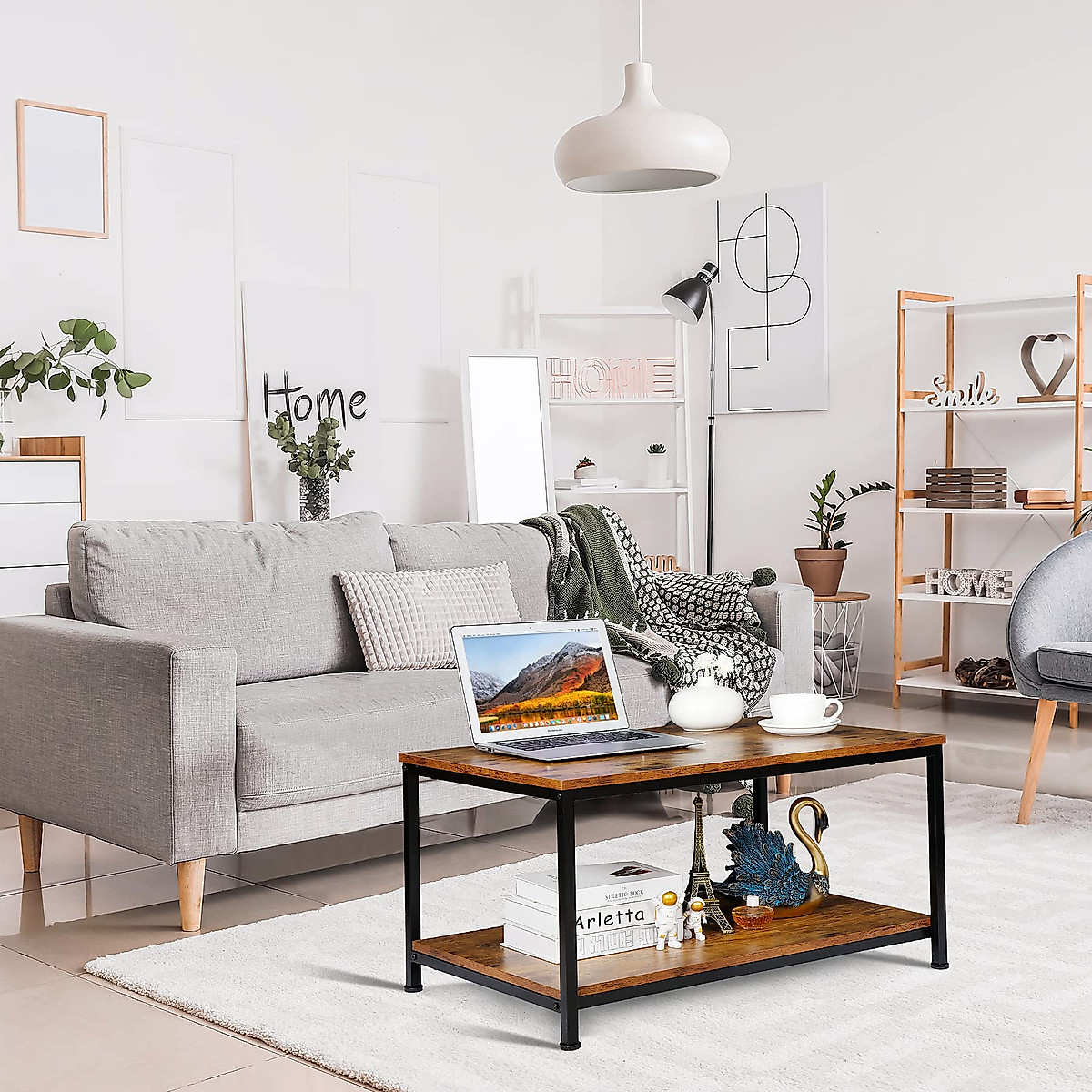 ZenStyle Industrial Coffee Table with Storage Shelf for Living Room, Wood Look Accent Furniture with Vintage Wooden Board Stable Metal Frame Cocktail Table 2-Tier Tea Table (Retro Brown)