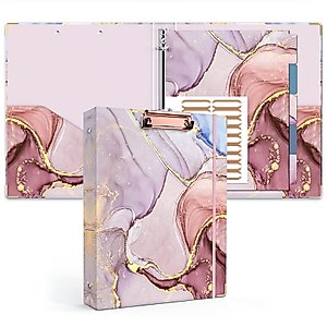 Ospelelf 3 Ring Binder 1 Inch, Cute Binder for Letter Size (11" x 8.5") with 5 Tab Dividers, File Folder Labels and Low Profile Clipboards, Pink Marble Binder for School Supplies and Office Supplies
