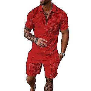 BIRW L Red Mens Short Sets 2 Piece Outfits Fashion Summer Tracksuits Casual Set Polo Shirt Short Sleeve and Shorts Set