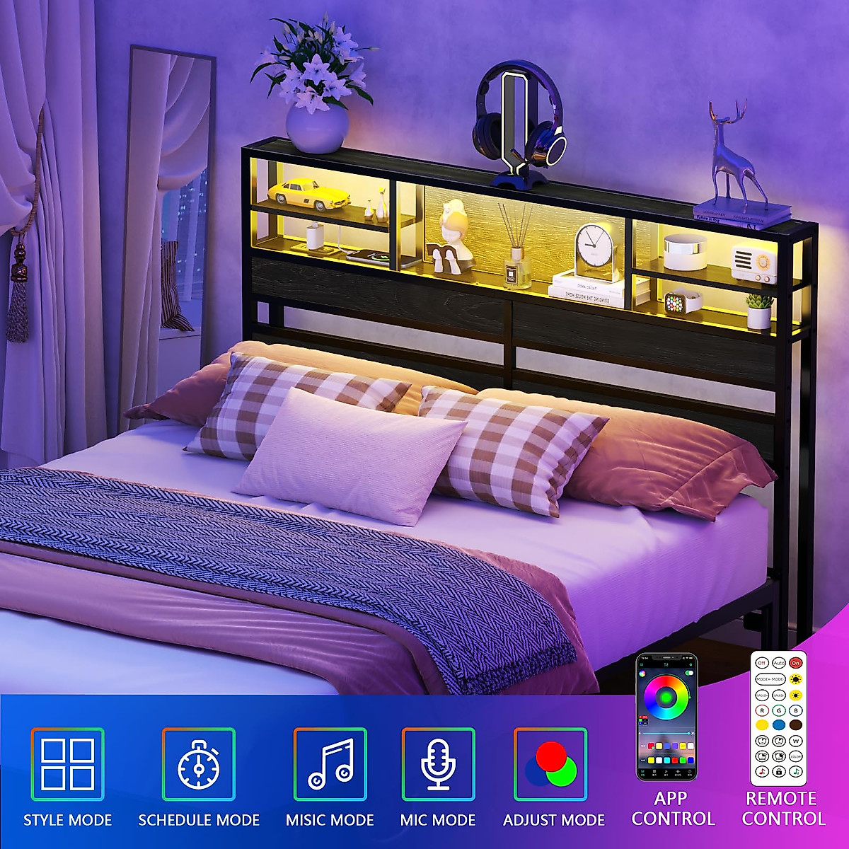 Furnulem Headboard Full Size with 3-Tier Shelf, Bookcase Storage Head Board with RGB LED Light and Charging Station,2 Outlets and 2 USB Ports,Black Wood Storage Cubbies & Metal Frame,Adjustable Height