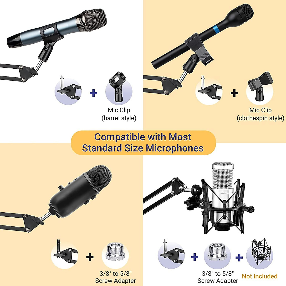 CAHAYA 2 in 1 Microphone Arm Stand and Phone Stand with Pop Filter 2 Mic Clip and 3/8" to 5/8" Adapter Heavy Duty Adjustable Suspension Boom Scissor Microphone Stand for Blue Yeti Snowball CY0263-1