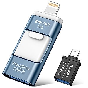 IMKAR 1TB Photo Stick for iPhone Flash Drive, iPhone Memory Stick Thumb Drives USB Stick External Storage Compatible with iPhone/iPad/Android/PC (Blue)