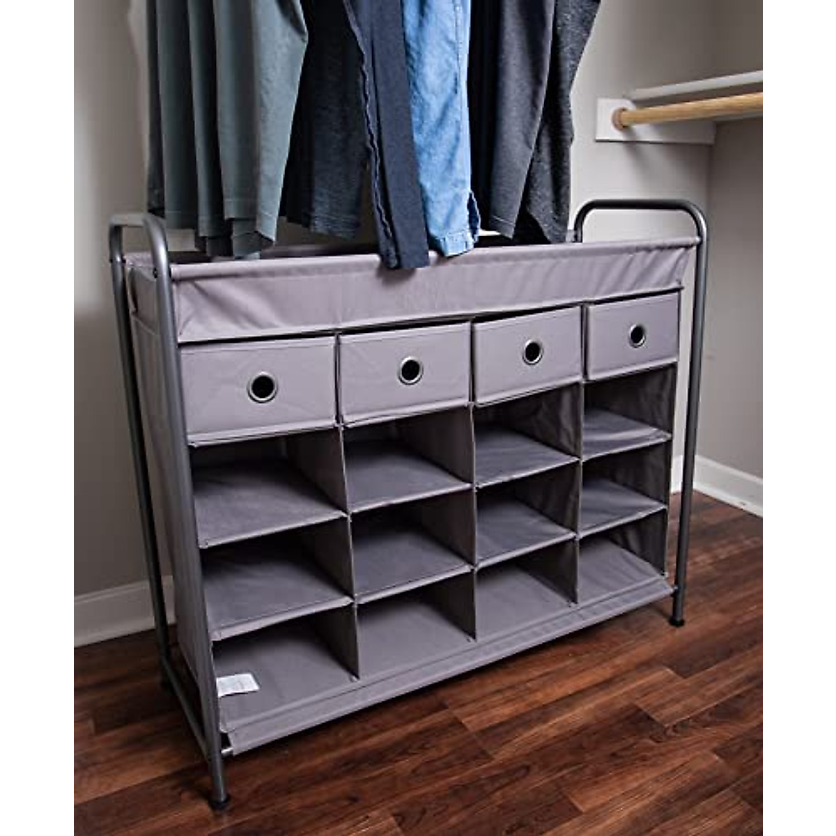 BirdRock Home 16 Cubby Shoe Rack Organizer with 4 Drawers - Grey - Free Standing Cabinet for Closet - Sturdy Metal Frame - Space Saver - Bedroom Organization