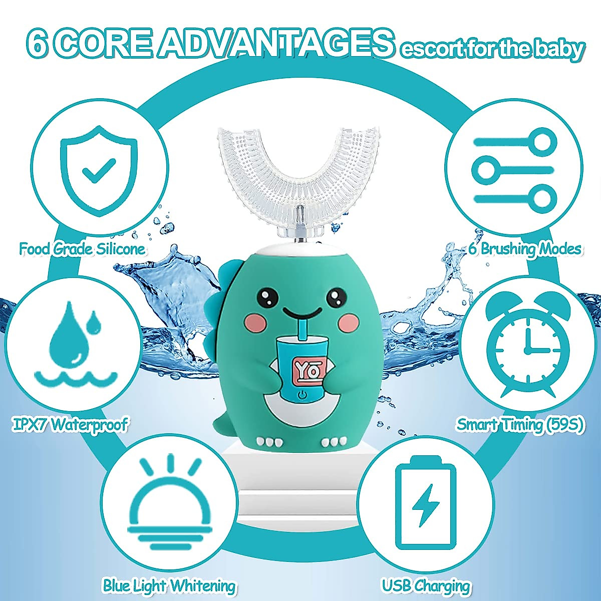 DORCAS U Shaped Toothbrush Kids Electric Toothbrushes, 6 Ultrasonic Cleaning Modes, IPX7 Waterproof, 59S Smart Reminder Toddler Toothbrush(Green Dinosaur, Ages 2-7)