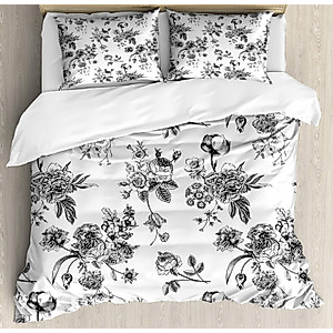 Ambesonne Black and White Duvet Cover Set, Vintage Floral Pattern Victorian Classic Royal Inspired New Modern Art, Decorative 3 Piece Bedding Set with 2 Pillow Shams, King Size, Black and White