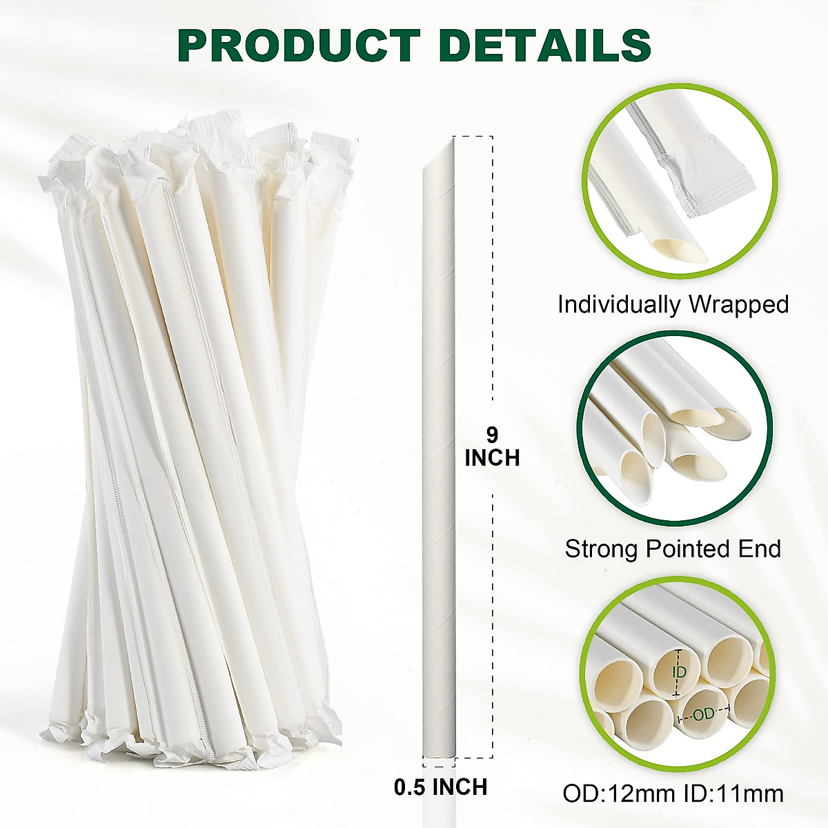 Chunspak 9 Inch Individually Wrapped Disposable White Paper Boba Straws, Bubble Tea Straws 100 Counts, 0.5"/12mm Wide - Pointed End, Extra Thick, Fat - Eco-friendly Biodegradable