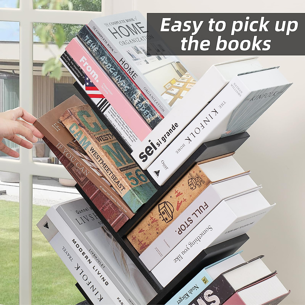 SHEEPAM 10 Tier Tree Book Shelf, Floor Standing Wood Bookshelf for Narrow Space, Storage Organizer Bookshelves for Books/CDs/Magazine, Bookcase with Shelves for Home Office, Living Room - Black