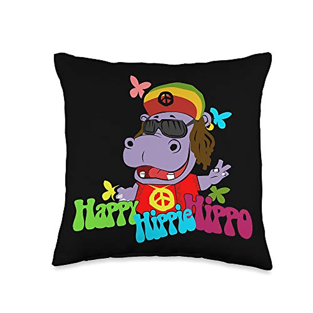 Happy Hippie Hippo Gifts for Hippie Lover Funny Hippie Hippo 90s 80s Throw Pillow, 16x16, Multicolor
