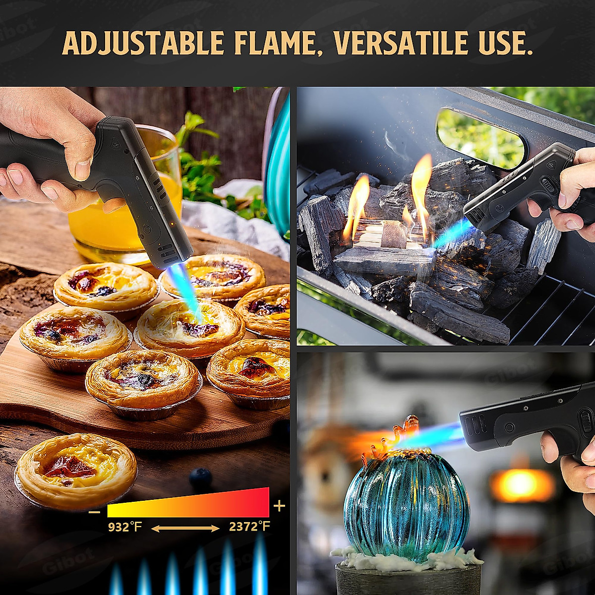 GIBOT Butane Torch Lighter Gun, Refillable Cooking Torch with Adjustable Flame & Safety Lock, Ergonomically Designed Gun lighter for Cooking Welding Kitchen Grill Industrial (Butane Gas Not Included)