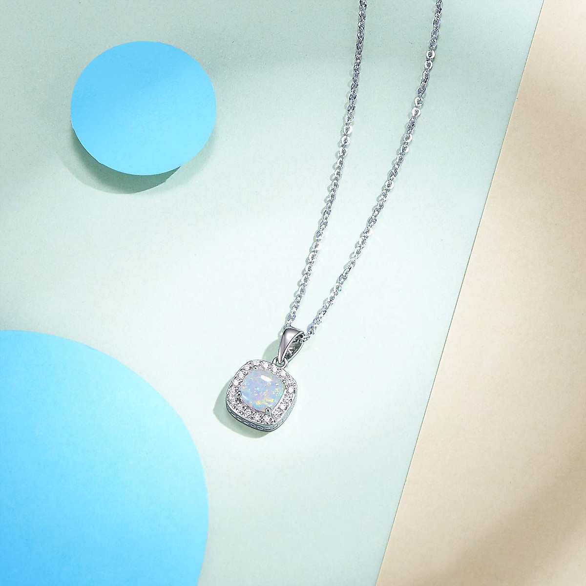 Carleen Created Opal Pendant Necklace 925 Sterling Silver October Birthstone Jewelry Cubic Zirconia CZ Halo Prong Setting Fine Jewelry Birthday Gifts for Women, 18" Silver Chain