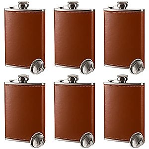 Suwimut 6 Pack Flask for Liquor and Funnel, 8 oz Leak Proof 18/8 Stainless Steel Pocket Hip Flask with Brown Leather Cover for Men Women Drinking of Alcohol, Whiskey, Rum and Vodka