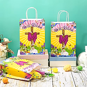 16 Pieces Easter Treat Bags Inspiring He Is Risen Sign Paper Gift Bags Cookie Egg Candy Goody Easter Bags with Double Handles for Easter Theme Bible School Party Favor