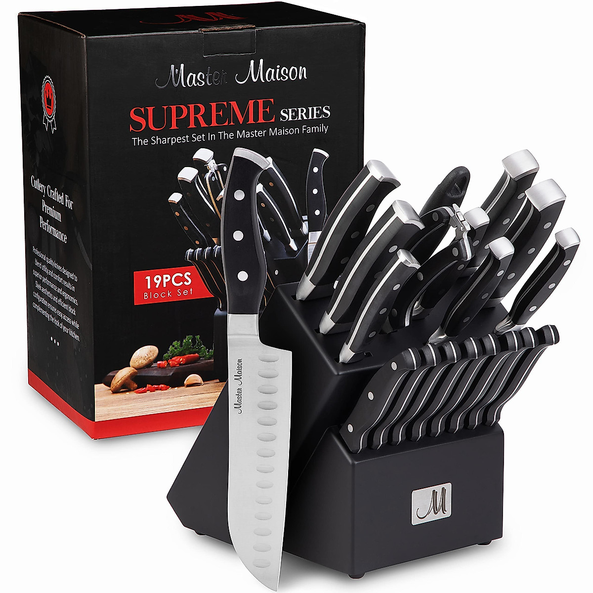 Master Maison Premium 19-Piece Kitchen Knife Set With Wooden Storage Block And Damascus Steel Granton Edge Carving Knife Set With Edge Guard Cover & Gift Box | German & Japanese Stainless Steel, Black