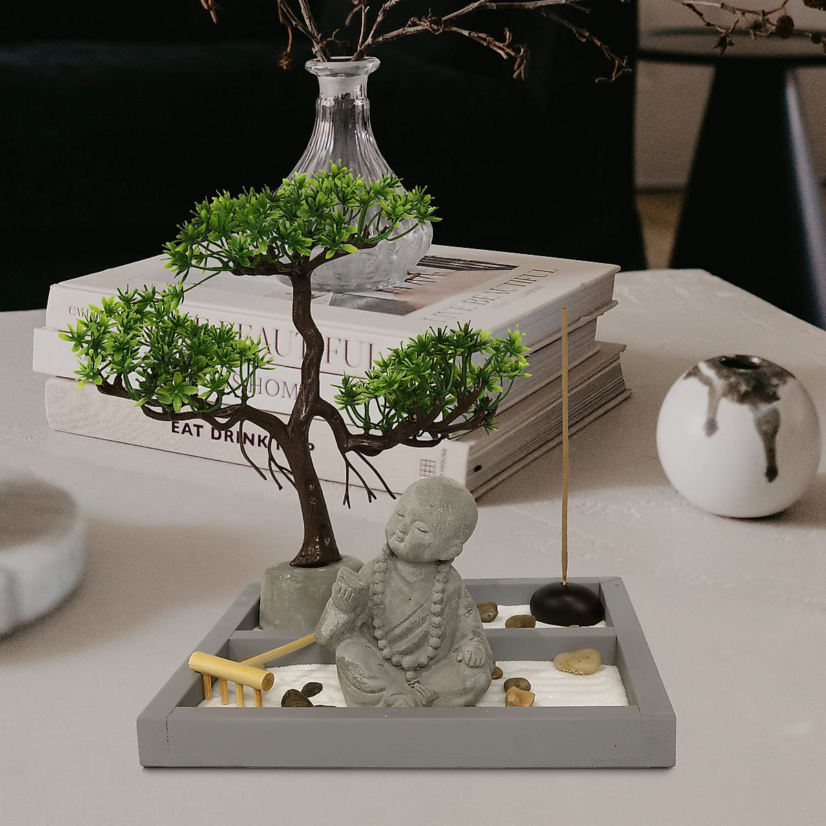 Gray Mini Japanese Zen Sand Garden Set with Incense Holder, Calming Bonsai and Miniature Buddha Statue - Zen Decor for Relaxation and Meditation - Home Decor, Office Accessory, Gift Set