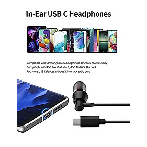 USB Type C Headphones in-Ear Earphones USB C Wired Earbuds with Mic Volume Control Crisp Sound Bass for Samsung Galaxy S23 S22 S21 S20 Ultra Note 10+ A53 Z Flip4 Fold4,iPad Pro Air,Pixel 7 6 Pro 6a 5