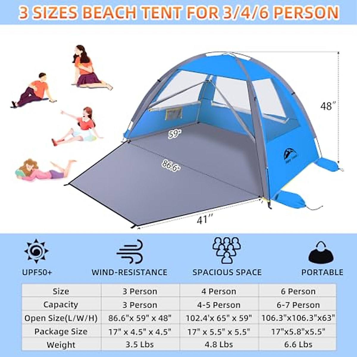 Happy Travel Beach Tent Sun Shelter for 3/4/5/6/7/8 Person, Portable UPF 50+ UV Protection Beach Shade Canopy for Family & Baby, Lightweight & Easy Setup Beach Cabana with 3 Ventilation Mesh Windows