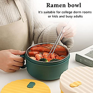 Microwave Ramen Cooker Ramen Bowl Set Microwave Ramen Bowl with Lid and Handle Ramen Noodle Bowl with Chopsticks Stainless Steel Liner Dishwasher Safe for College Dorm Office Home(Yellow&Green)