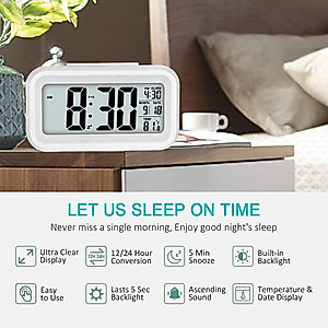 KAIJIELY Upgraded Digital Alarm Clock, 4.3" LED Display with Temperature Larger Lound Light Control Portable Snooze Calendar Brightness with Battery Powered Alarm Clocks Bedside for Everyone (White)