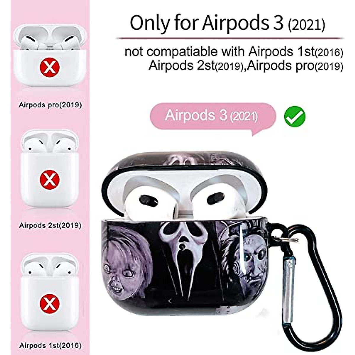 Slasher Horror Movie AirPod 3rd Generatio Case，with Keychain Clip Carabiner and Lanyard，Designed for Those who Like Thrilling Horror Themes Girls Women Men AirPod 3rd Case