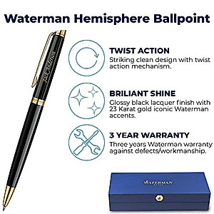 Dayspring Pens Personalized Waterman Pen | Engraved Waterman Hemisphere Lacquer Black with Gold Trim Ballpoint Pen. Luxury Gift Pen. Custom Engraved
