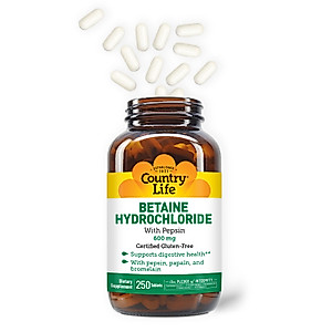 Country Life Betaine Hydrochloride with pepsin 600 mg - 250 Tablets