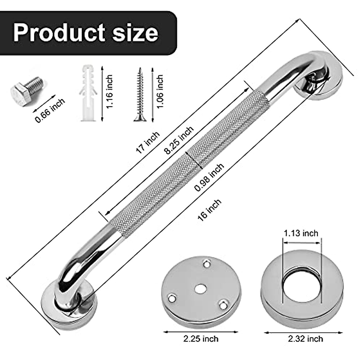 2 Pack 16 Inch Anti-Slip Bathroom Grab Bar, LONVICHTT Stainless Steel Shower Handle, Knurled Safety Hand Rail, Support Balance Armrest, Elderly, Pregnant, Children, Handicap Senior Assist Bath Handle