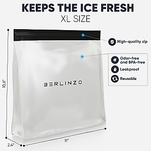 BERLINZO Large Reusable Ice Storage Bag - Freezer Safe Leak Proof Silicone and Plastic-Free Lunch Bag for Ice and Food Storage - BPA-Free XL Size