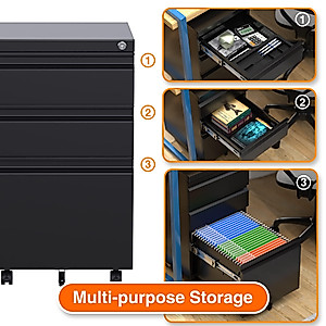 Reemoon Metal Rolling File Cabinet with 3 Drawers, Under Desk Mobile Filing Storage Cabinet with Lock for Home Office Scool,Required Assembly,Black